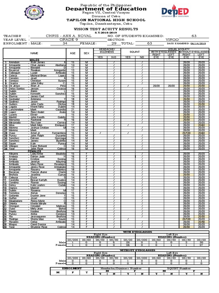 Vision Test Acuity Results | PDF | Visual Acuity | Facial Features