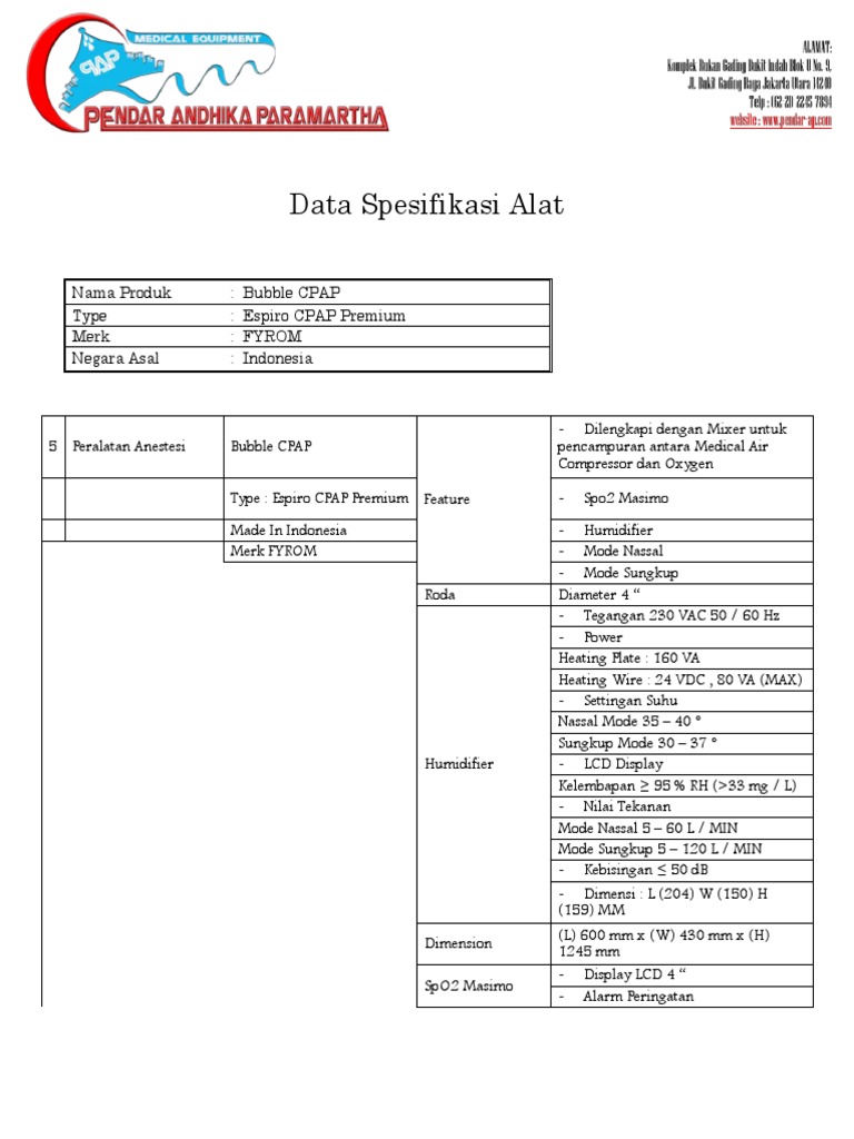 Espiro CPAP Premium Specifications | PDF