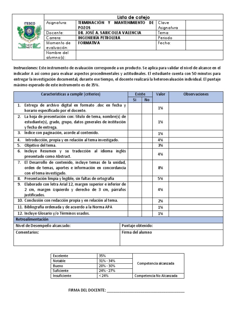 Formato IE Lista de Cotejo para INV. DOC. - JASV | PDF | Cognición