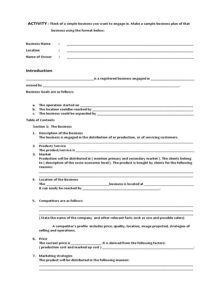 Activity. Business Plan | PDF | Business Plan | Entrepreneurship
