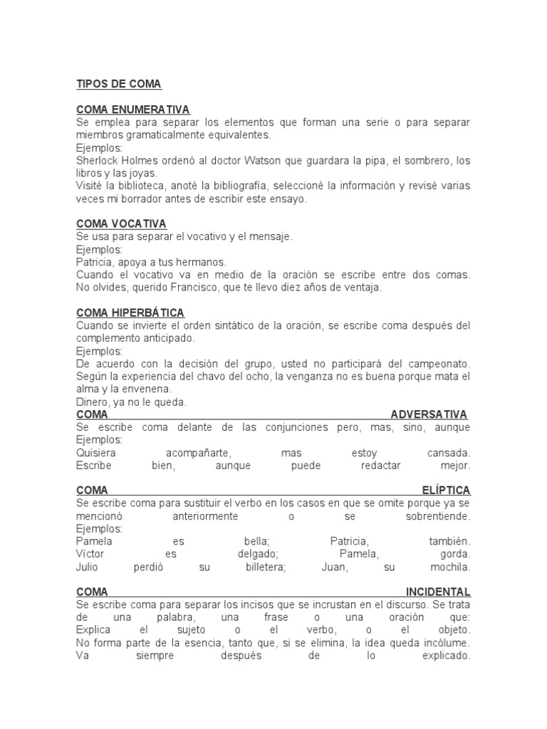 Tipos de Coma | PDF | Oración (Lingüística) | Lingüística