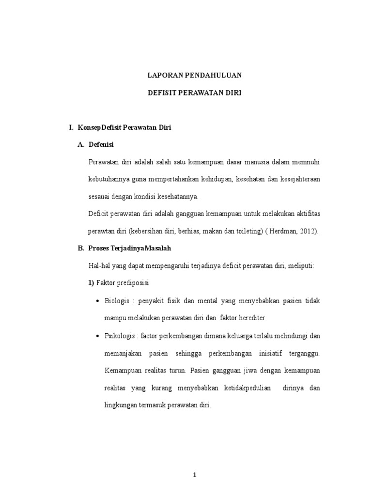 Laporan Pendahuluan Defisit Perawatan Diri | PDF