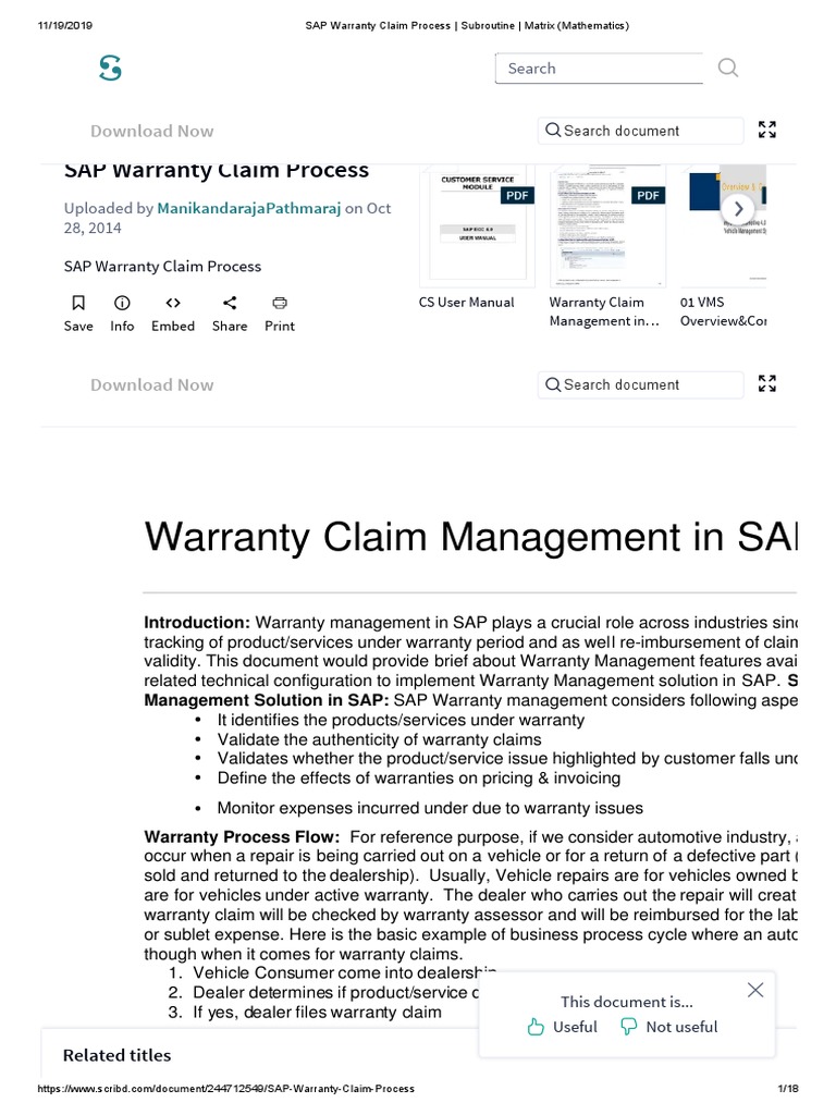 SAP Warranty Claim Process - Subroutine - Matrix (Mathematics) PDF ...