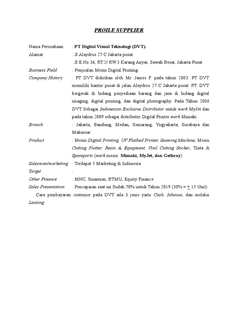 Profil PT DVT: Pemasok Mesin Cetak | PDF