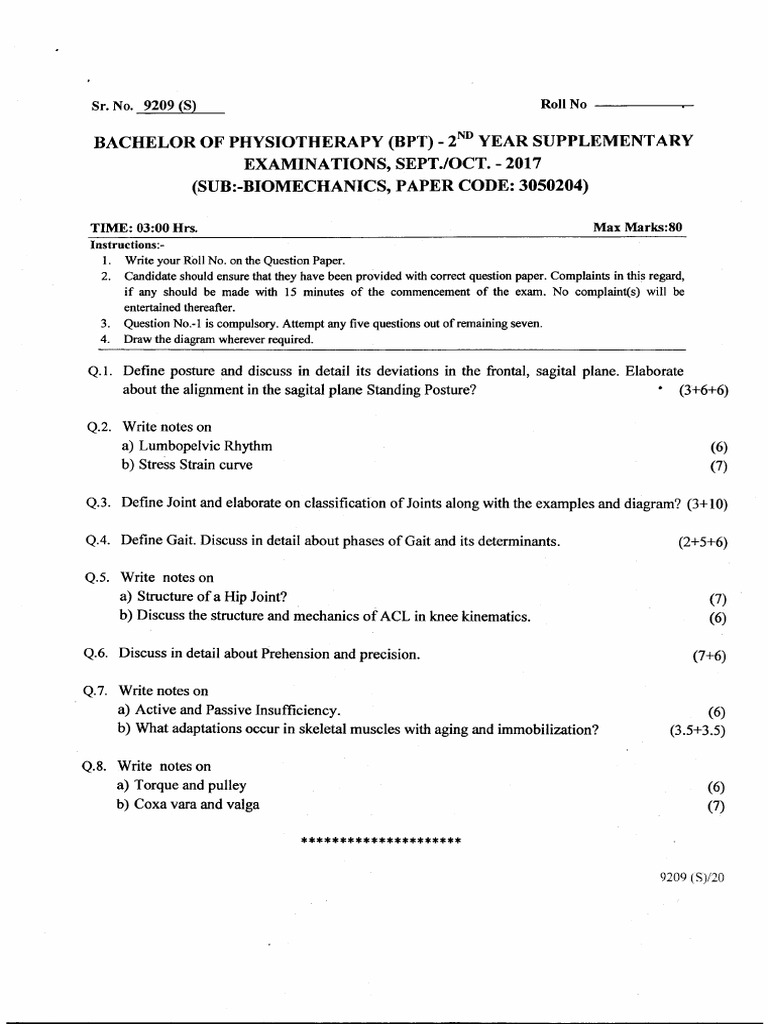BPT 2nd Year Biomechanics Exam Paper | PDF | Test (Assessment ...