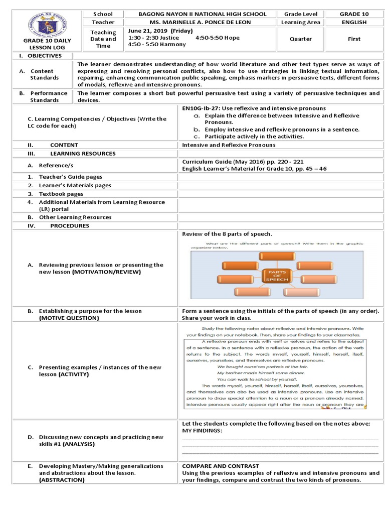 Reflexive and Intensive Pronoun | PDF | Lesson Plan | Learning