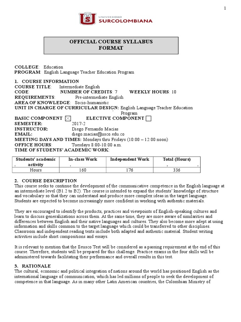COURSE SYLLABUS-Intermediate English | English As A Second Or Foreign ...