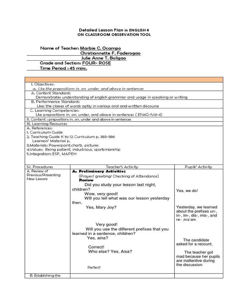 Detailed Lesson Plan in ENGLISH 4.docx Sir Liseo | PDF | Lesson Plan ...