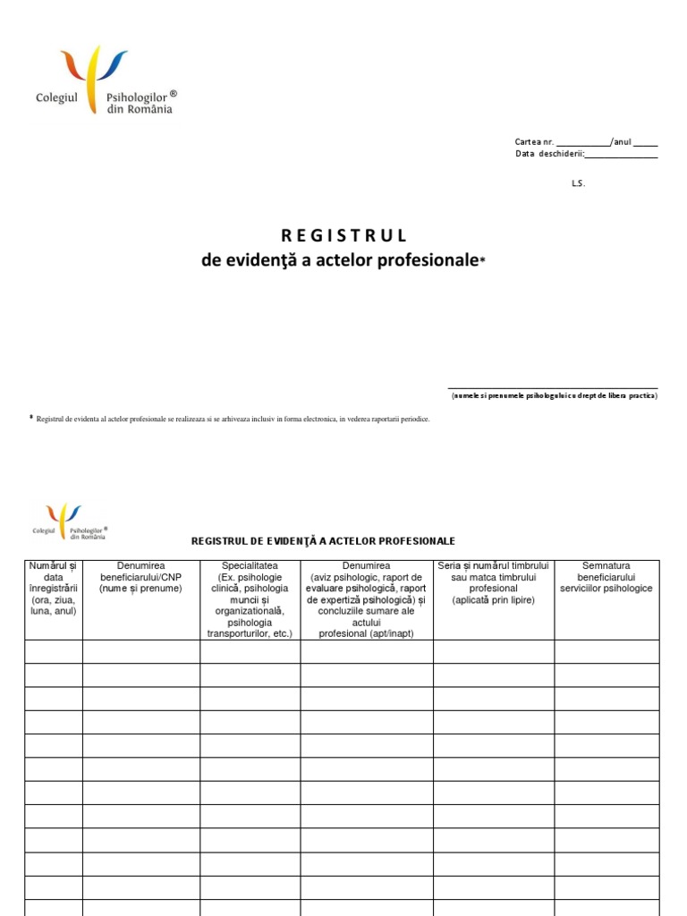 Registru de Evidenta A Actelor Profesionale PDF | PDF