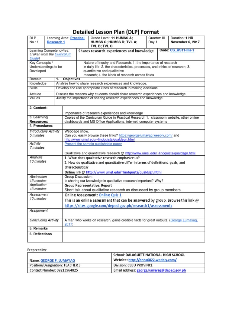 Detailed Lesson Plan | PDF | Qualitative Research | Differentiated ...