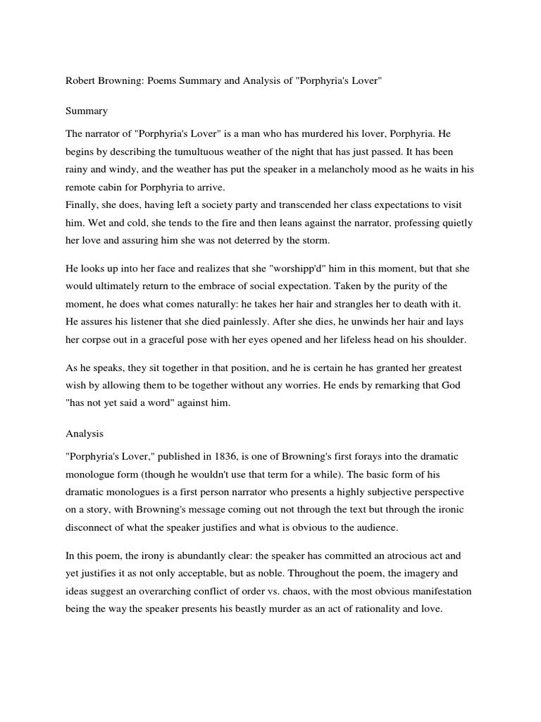 Analysis of Porphyria's Lover | PDF | Poetry