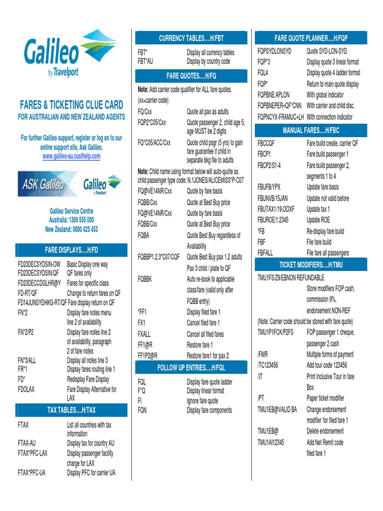 Galileo Gds Fares Ticketing Clue Card PDF | PDF | Aviation | Services ...