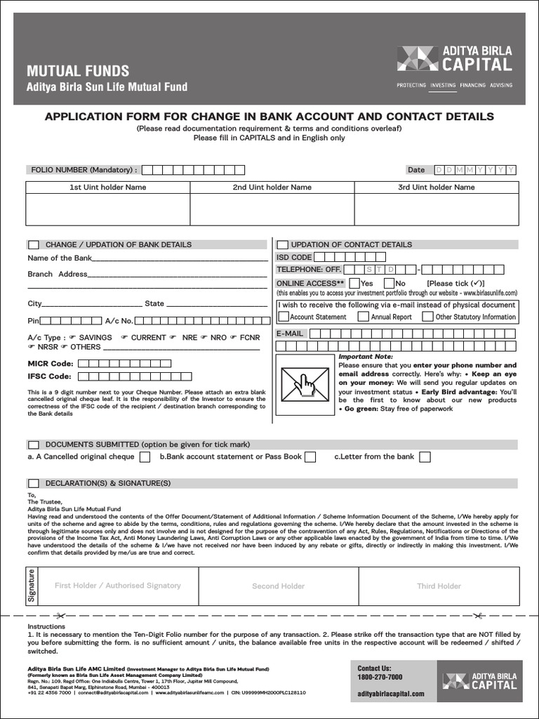 Form For Change in Bank Account and Contact Details | PDF | Cheque ...