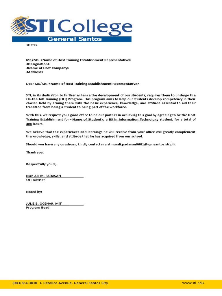 FT APL 004 00 STI OJT Endorsement Letter Template (ONE) | PDF