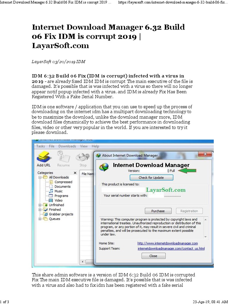 Internet Download Manager 6.32 Build 06 Fix IDM Is Corrupt 2019 | PDF ...