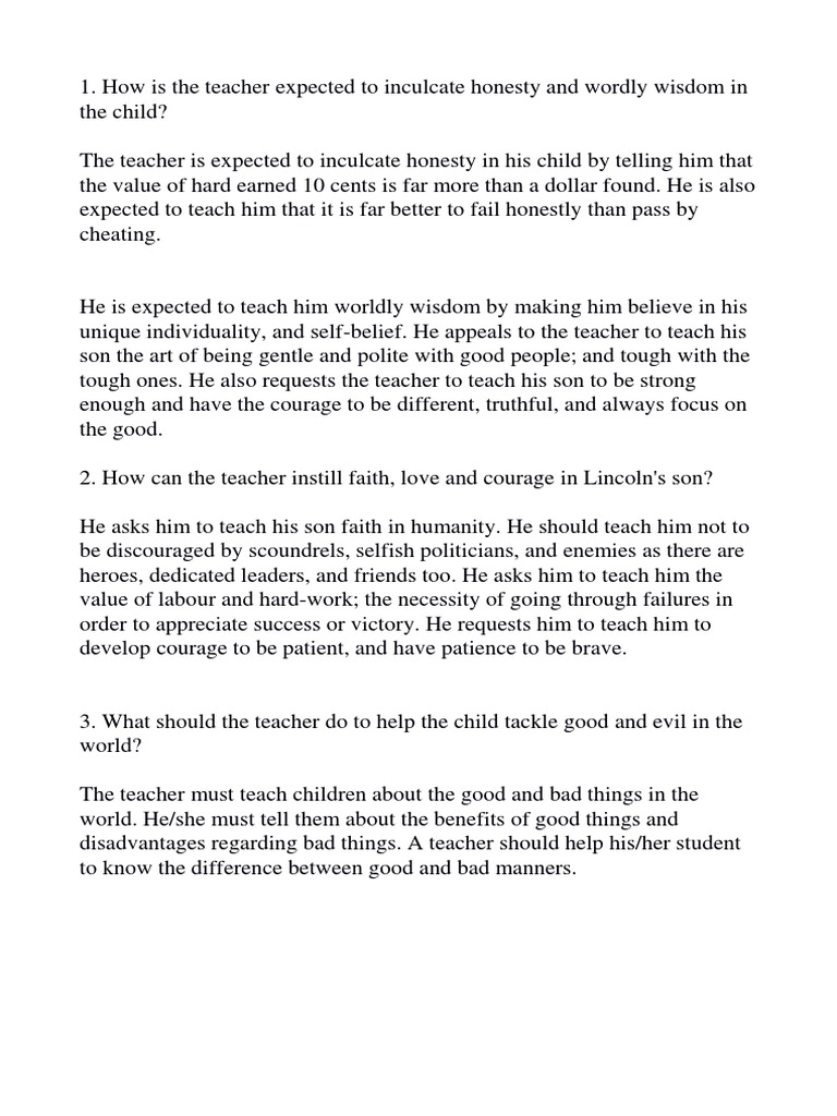 Abraham Lincoln's Letter To His Son's Teacher Textual Questions | PDF