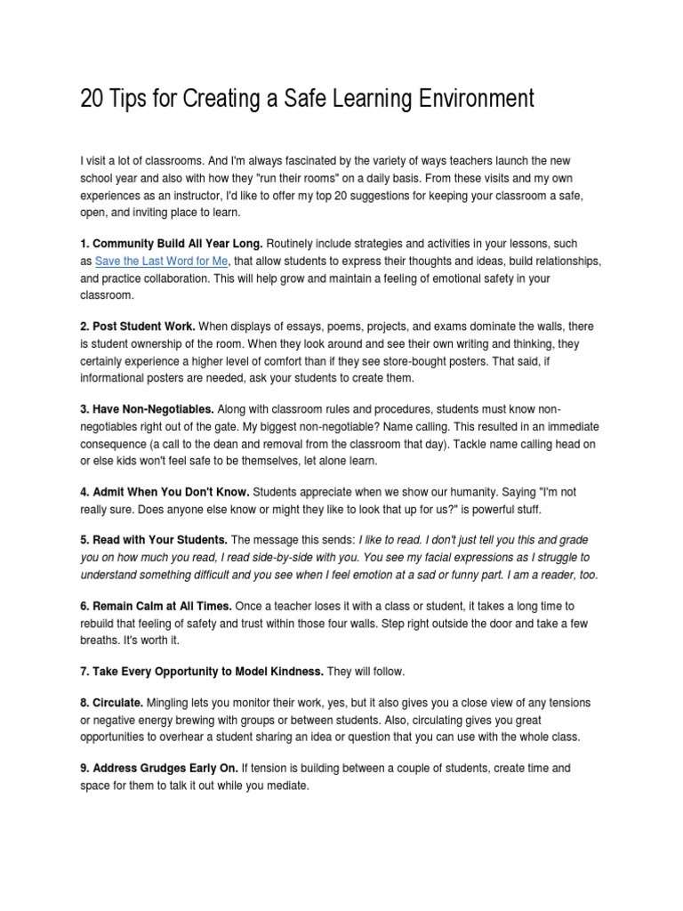 20 Tips For Creating A Safe Learning Environment | PDF | Classroom ...