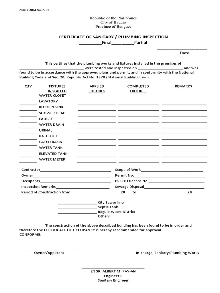 Sanitary/Plumbing Inspection Certificate | PDF | Plumbing | Sewerage