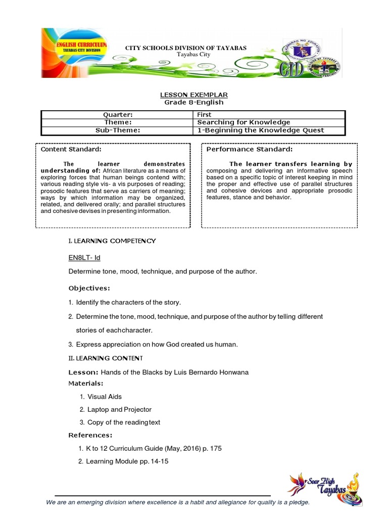 G8 English Lesson Exemplar 1st Quarter 1 | PDF | Phrase | Learning