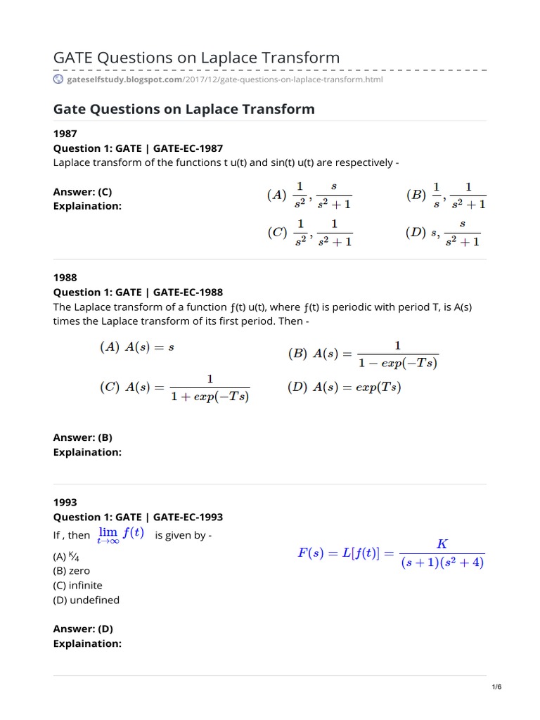 GATE Questions On Laplace Transform | PDF | Mathematical Concepts ...