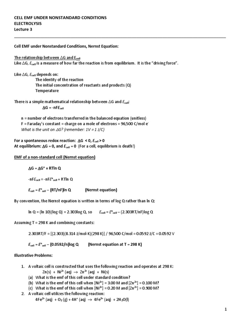 Cell Emf Under Nonstandard Conditions Lecture 3 | PDF | Electric ...