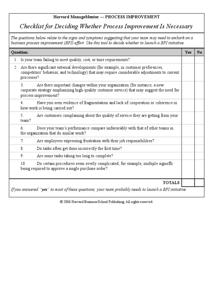 Checklist For Deciding Whether Process Improvement Is Necessary | PDF ...