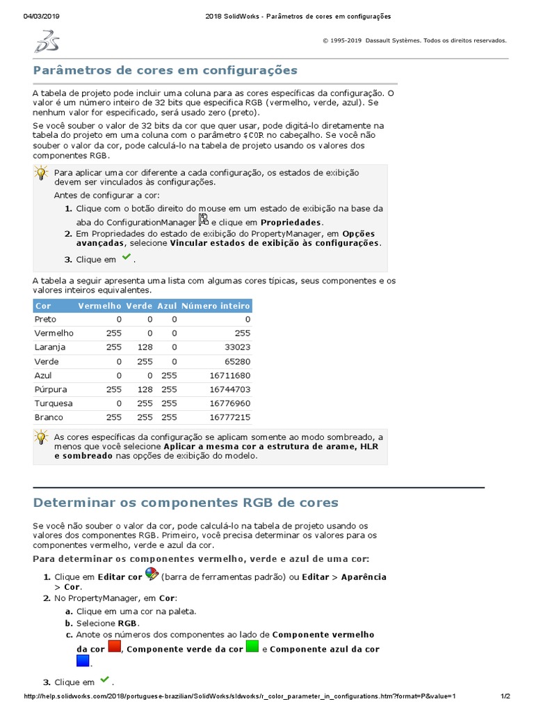 2018 SolidWorks - Parâmetros de Cores em Configurações | PDF | Modelo ...