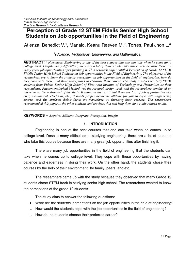 Perception of Grade 12 STEM Fidelis Seni | PDF | Science, Technology ...