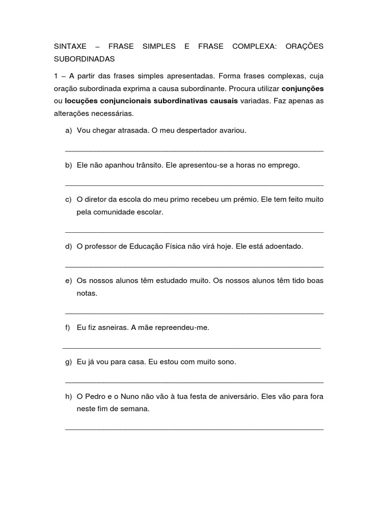 SINTAXE Frase Simples e Frase Complexa Orações Subordinadas EXERCICIOS