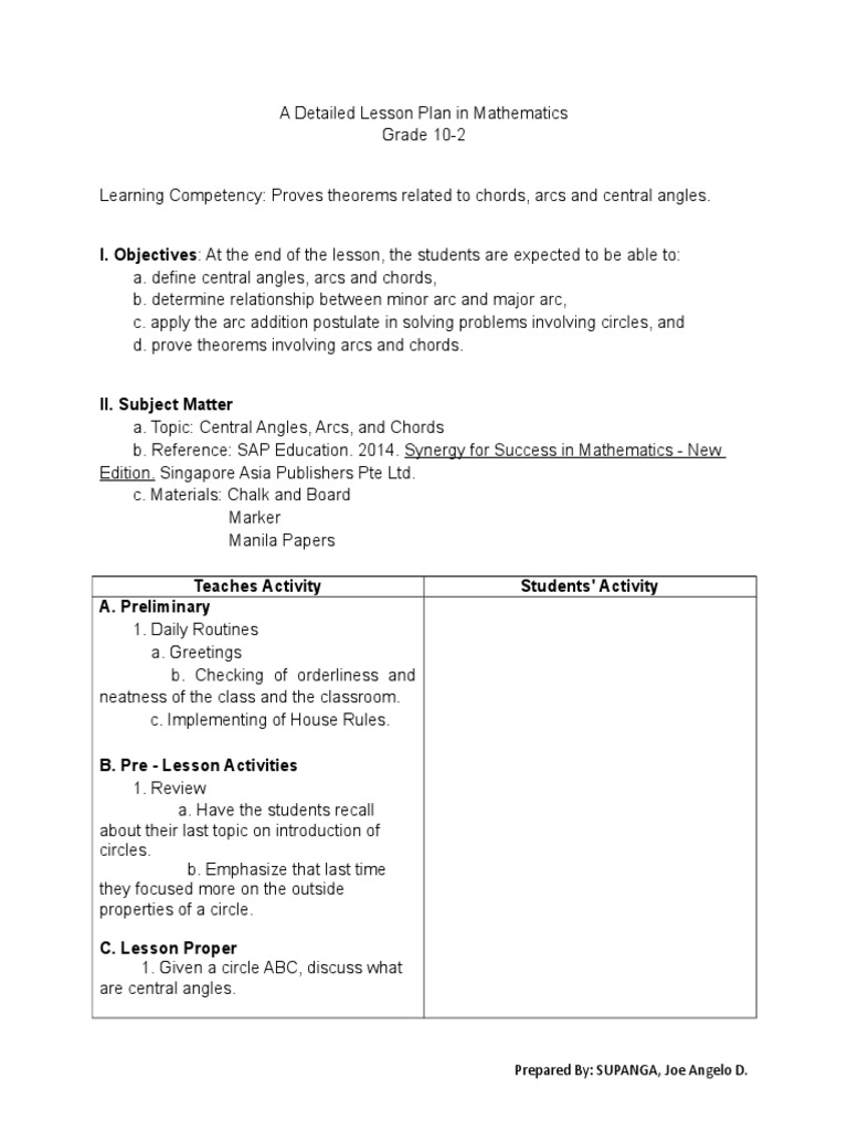 Lesson Plan On Central Angles, Arcs and Chords | PDF | Circle | Angle