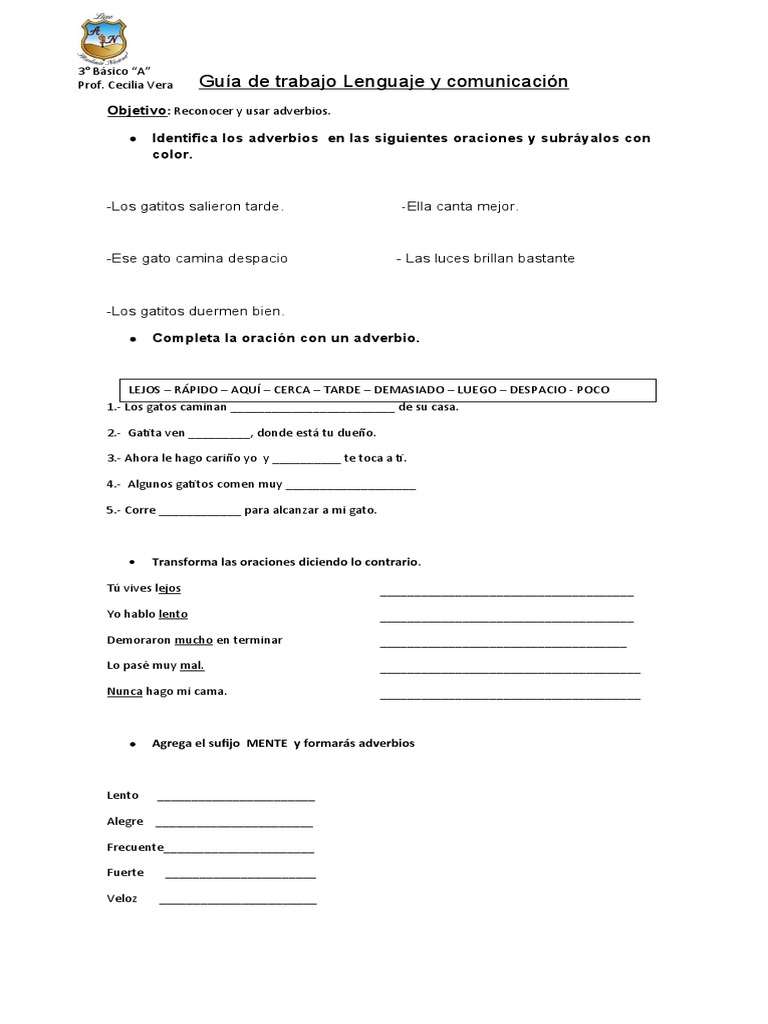 Guia De Adverbios Cuarto Basico
