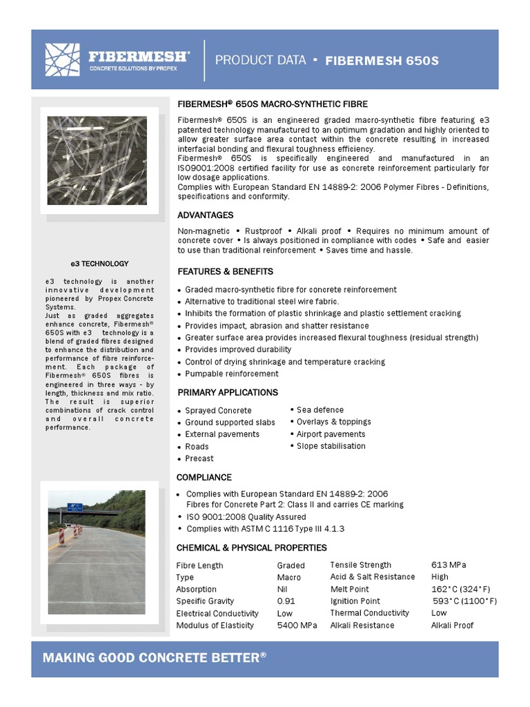 Fibermesh 650S Datasheet | PDF | Reinforced Concrete | Fibers
