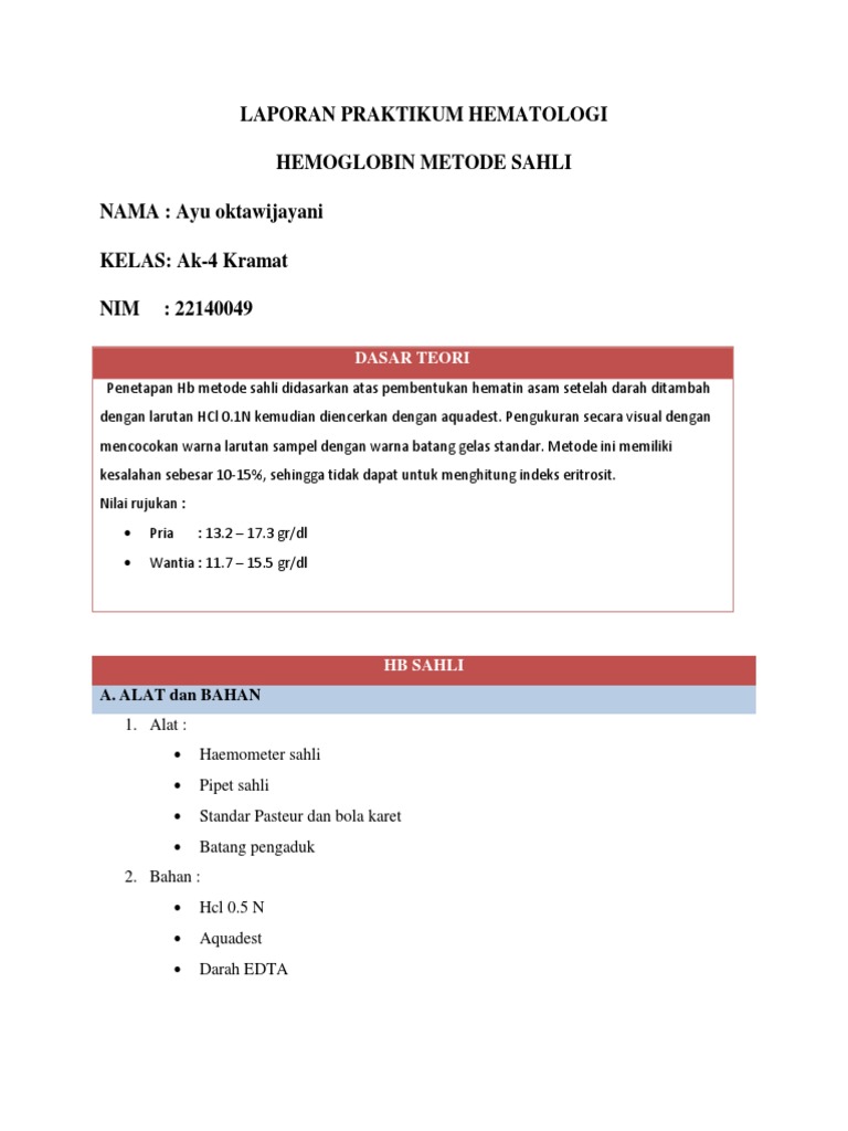 Laporan Praktikum Hemoglobin Metode Sahli | PDF