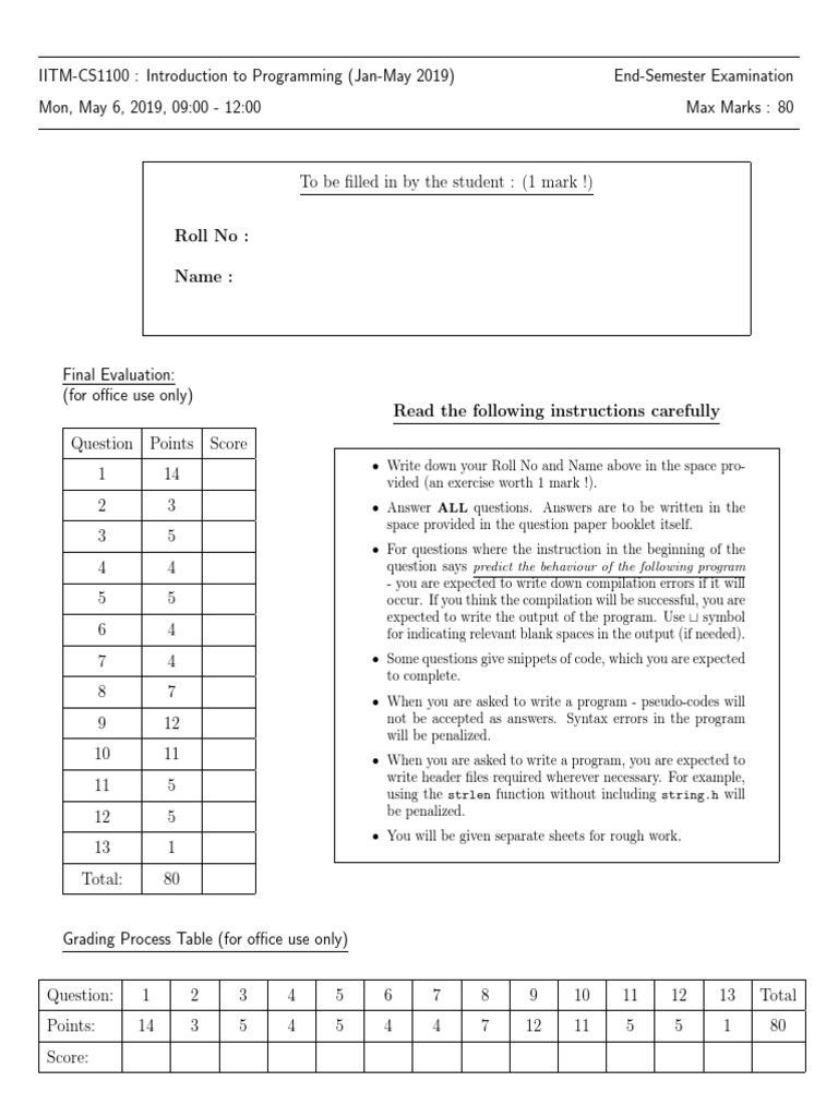 Endsem - 2018 - Intro To C Programming | PDF | Notation | Teaching Mathematics