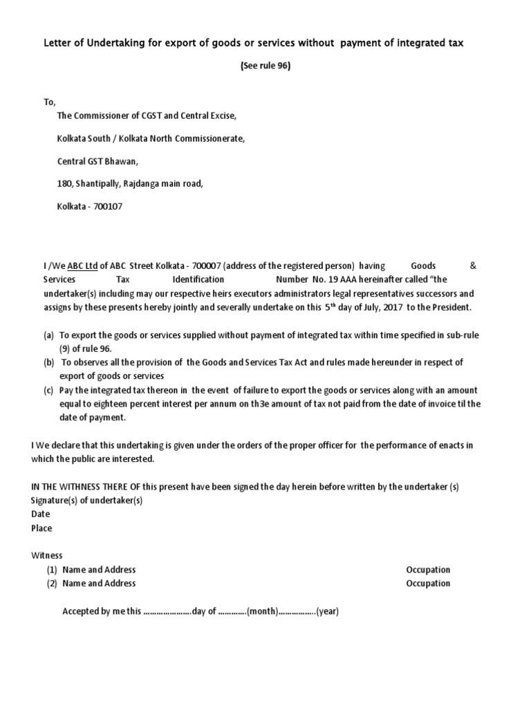 Format of Letter of Undertaking For Goods To Be Exported On Lut | PDF