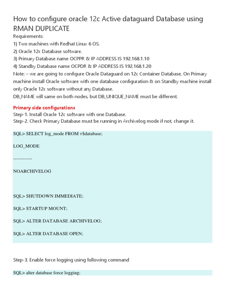 Active Dataguard Database Using RMAN DUPLICATE | PDF | Proprietary Software | Computing