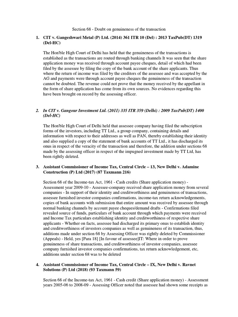 Sec 68 - Case Laws | PDF | Loans | Payments
