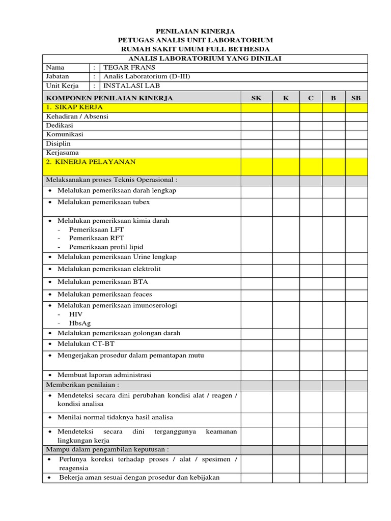 Formulir Penilaian Kinerja Analisis Lab d3 | PDF