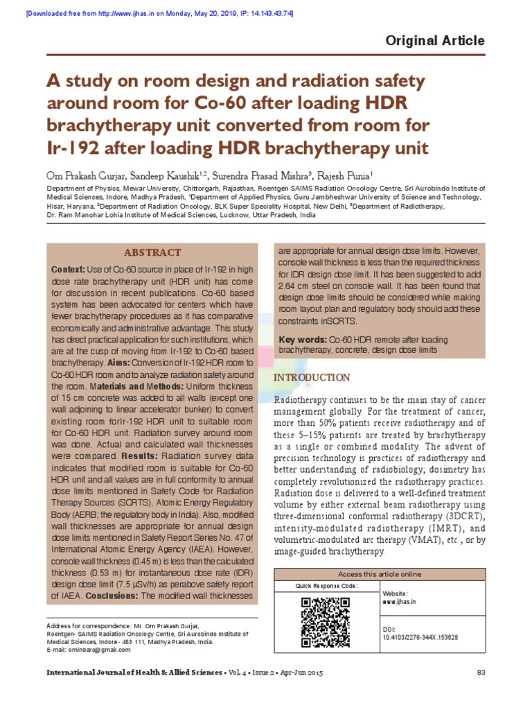 Room Design Study To Convert Ir192 To Co60 in HDR Brachy | PDF ...