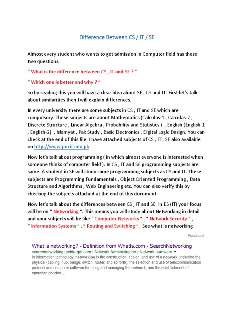Difference Between SE CS and IT | PDF | Computer Science | Computer ...