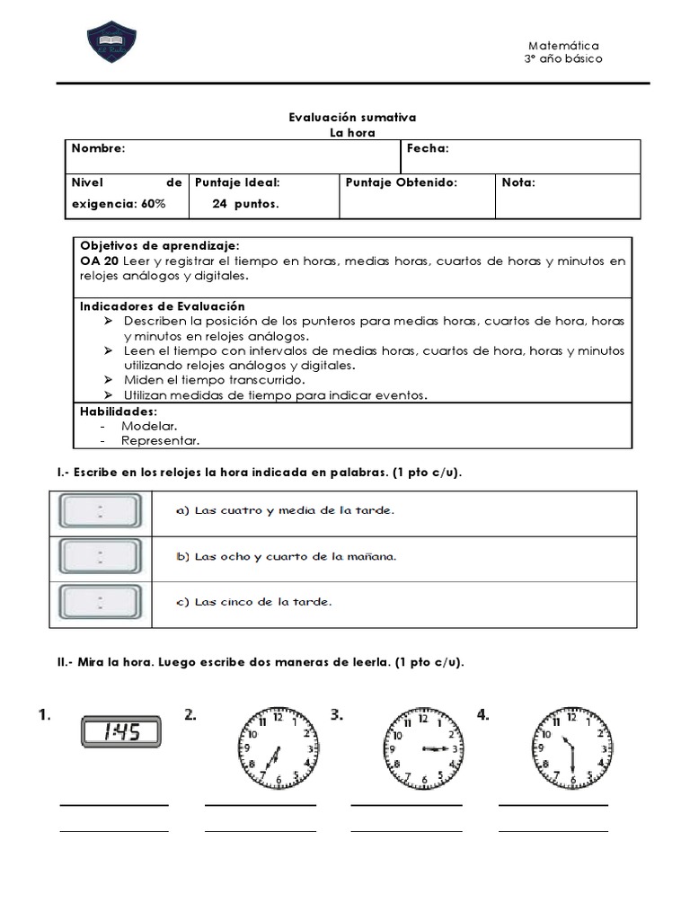 prueba la hora 3° | PDF | Hora