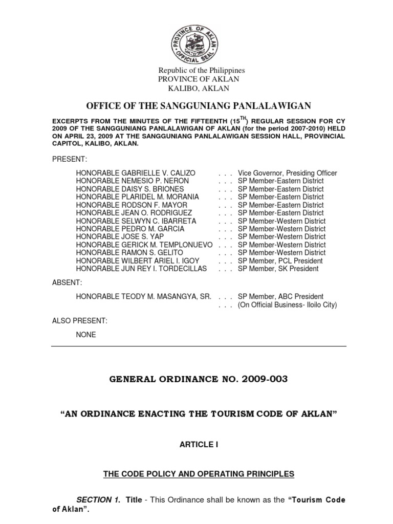 An Ordinance Enacting The Tourism Code of Aklan | PDF | Tourism | Sustainability