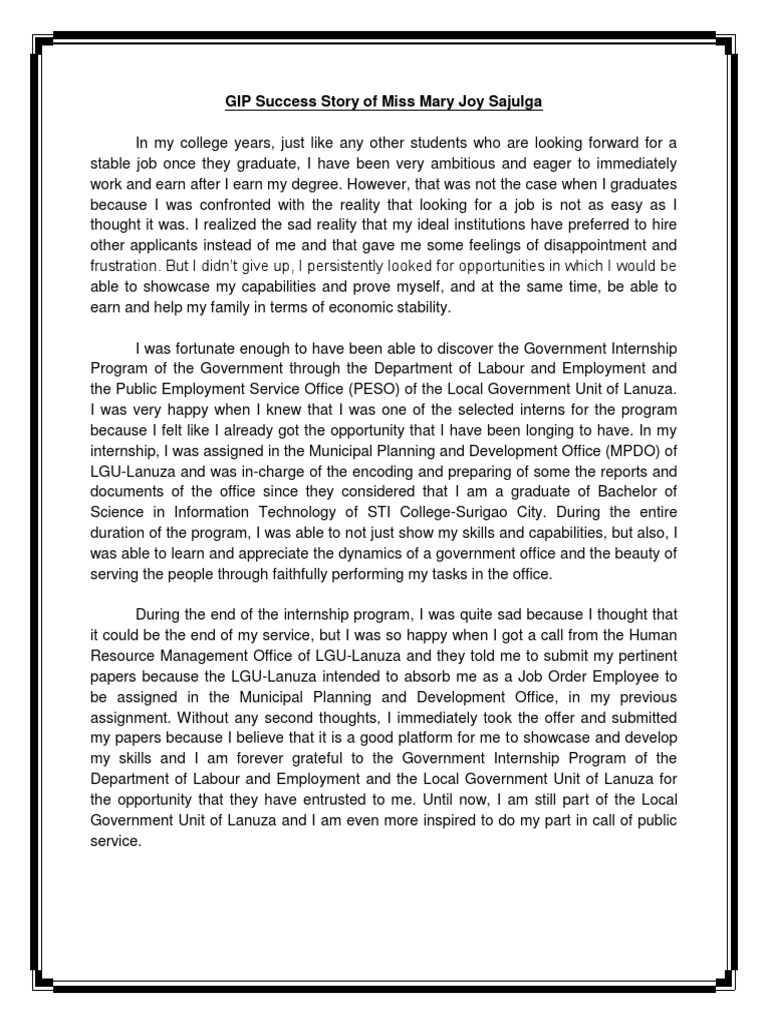 GIP Success Story: Mary Joy Sajulga | PDF | Employment | Labor