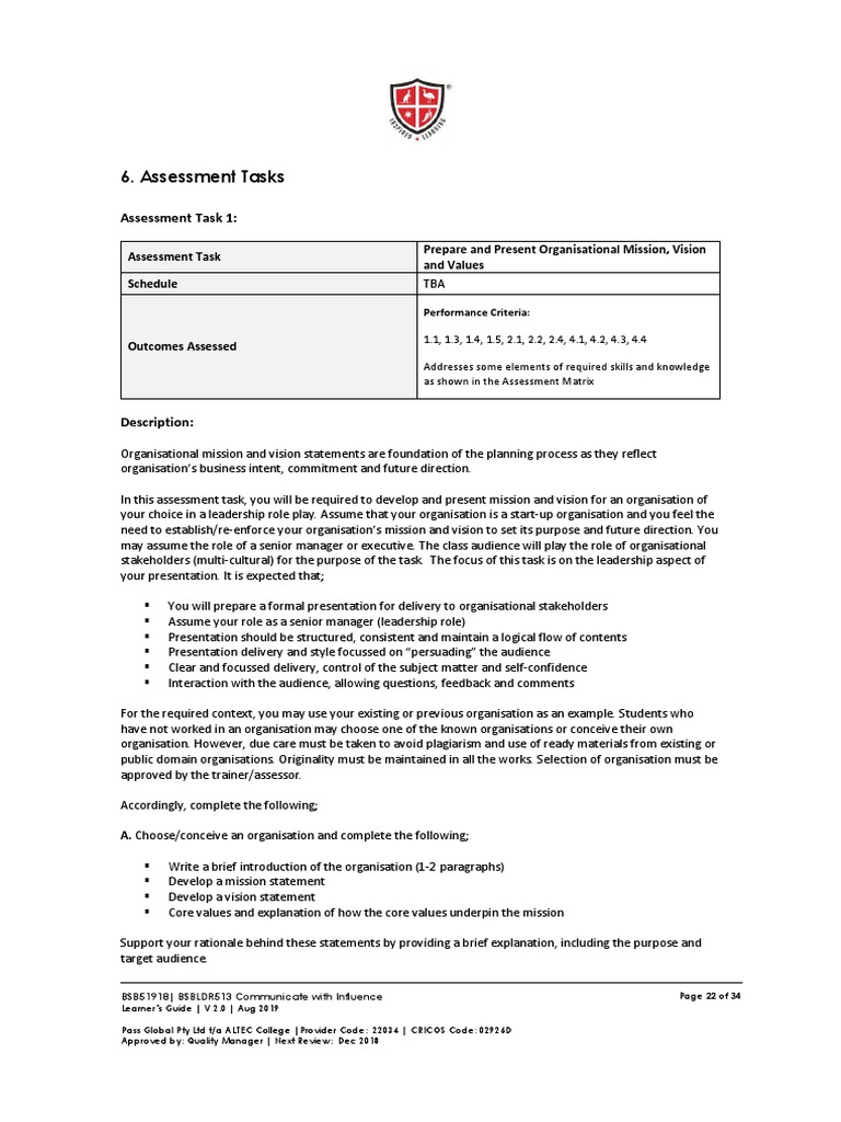 BSBLDR513 Communicate With Influence Assessments | PDF | Educational ...