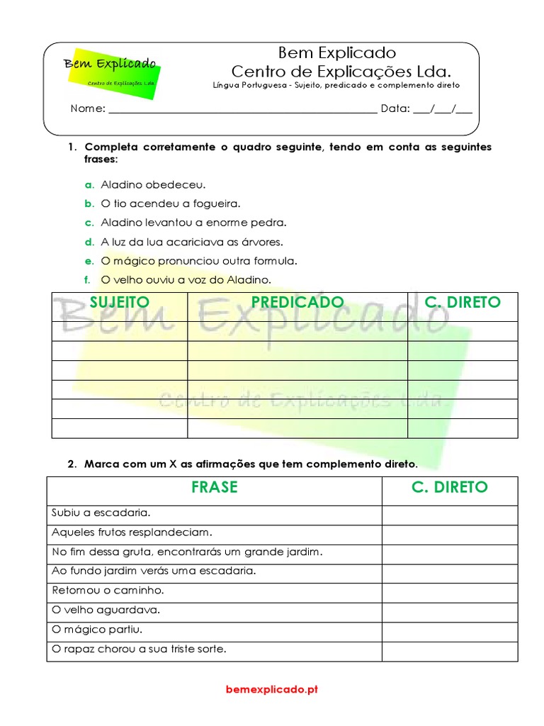 1.11 Ficha Formativa - Sujeito, Predicado e Complemento Direto | PDF