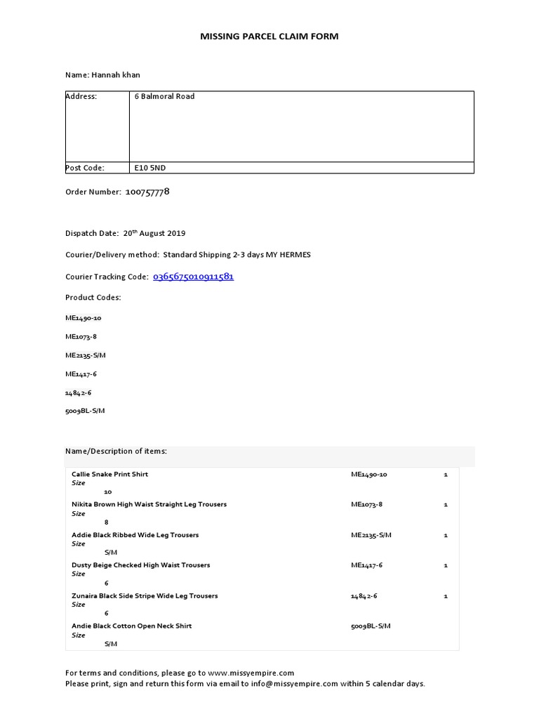 Lost Parcel Form | Download Free PDF | Courier | Mail