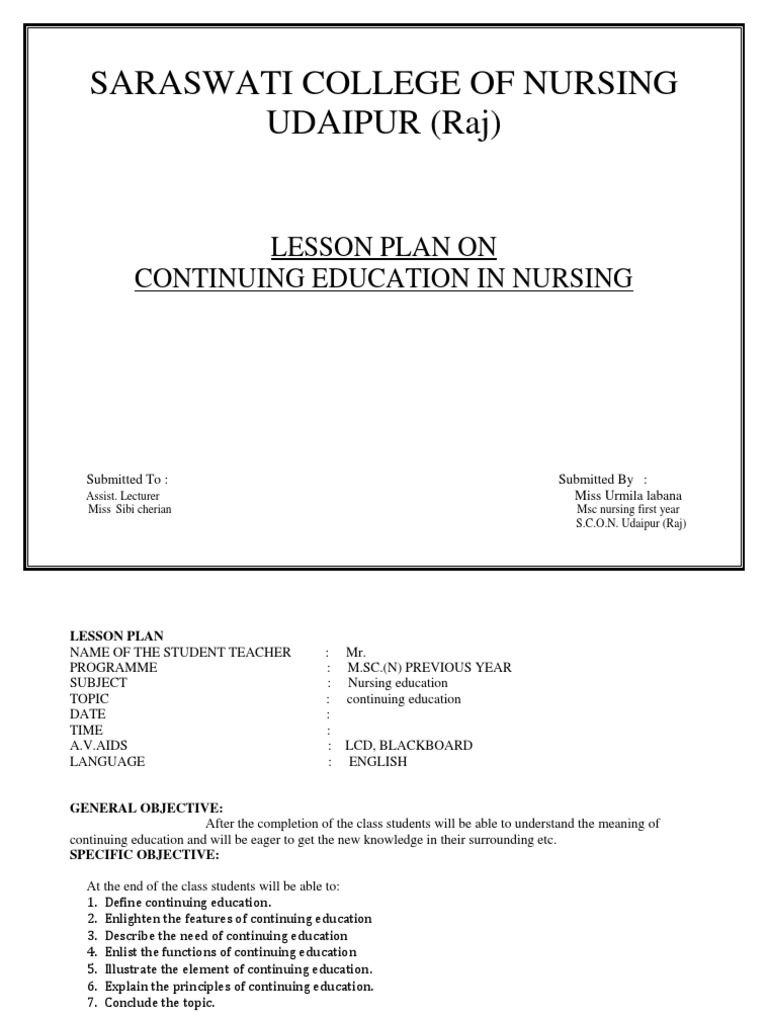 LESSON PLAN On Continuing Education | PDF | Nursing | Lesson Plan