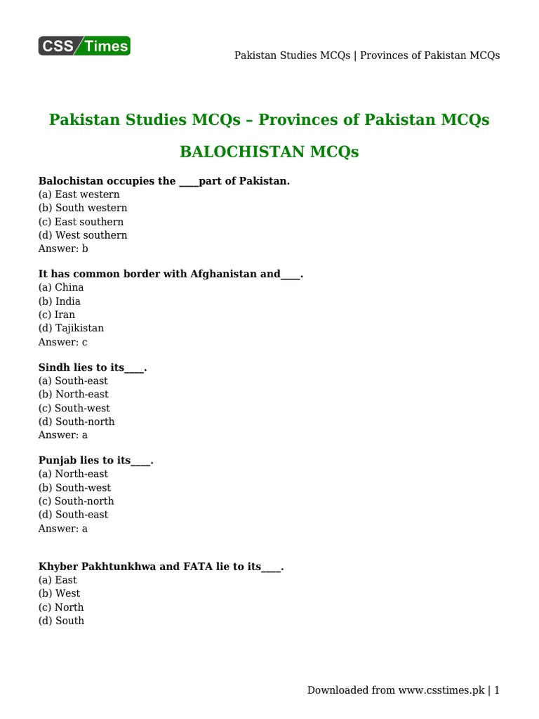 Pakistan Studies MCQs - Provinces of Pakistan MCQs | PDF | Pakistan ...