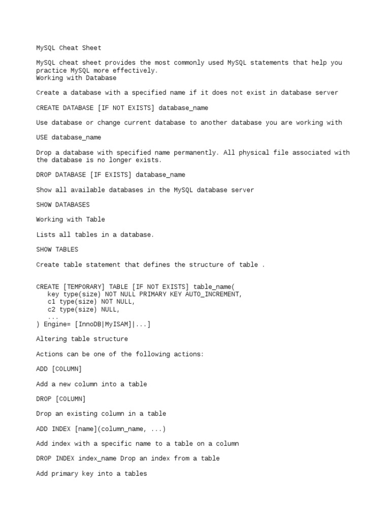 MYSQL Cheat Sheet | PDF | Database Index | Table (Database) MYSQL Cheat Sheet | PDF | Database Index | Table (Database)