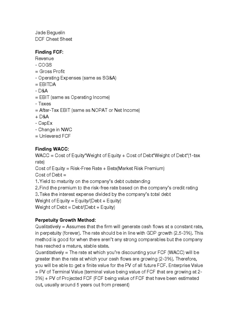 DCF Cheat Sheet | PDF | Cost Of Capital | Stocks
